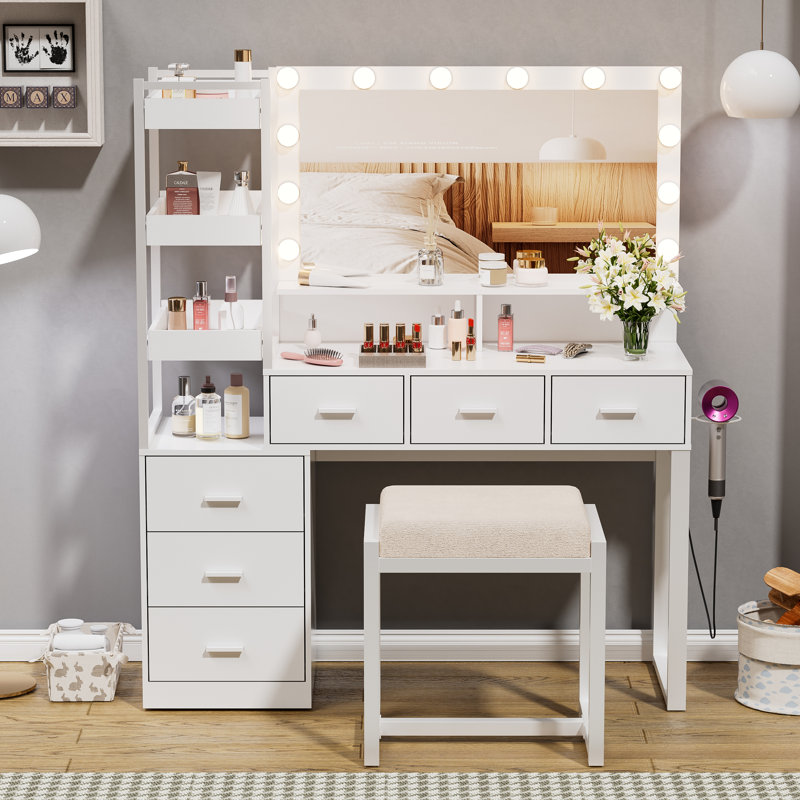Millwood Pines Ipava Vanity Set With Lighted Mirror, Makeup Vanity & Reviews | Wayfair